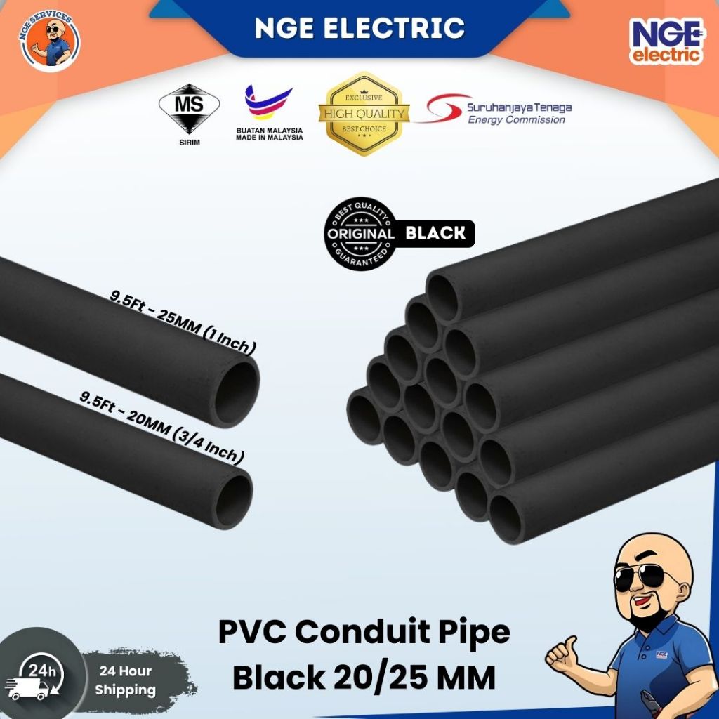 PVC| PVC Electrical Conduit Pipe 20mm (3/4”) & 25mm (1”) – Black 9.5FT ...