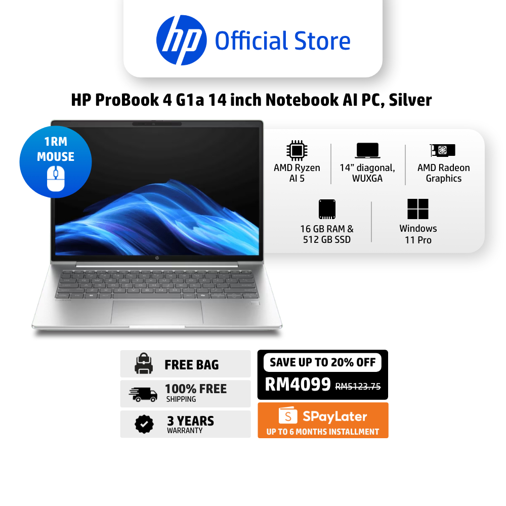 HP ProBook 4 G1a 14 inch Notebook AI PC, Silver | AMD Ryzen AI 5 | 14" diagonal WUXGA | AMD ...