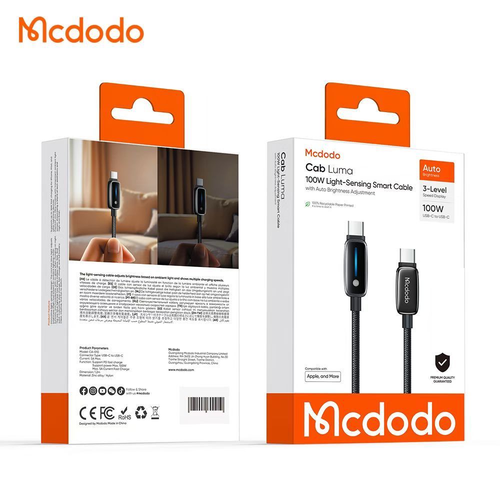 MCDODO TYPE-C TO TYPE-C PD 100W Series Light-Sensing Smart Cable With ...