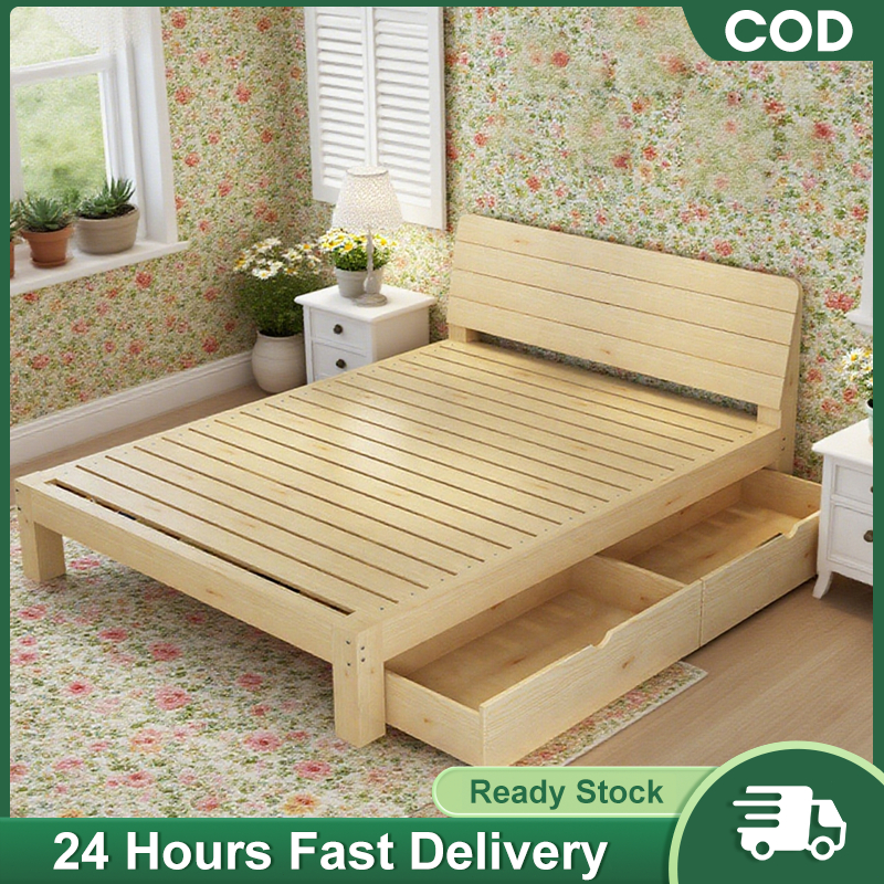 Solid Wood Bed Frame (Katil Kayu) Drawer Storage for Super Single/Queen ...