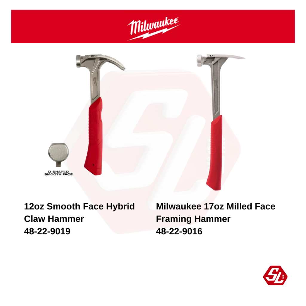 Milawukee Hammers 17oz Milled Face Framing Hammer (48-22-9016) / 12oz ...
