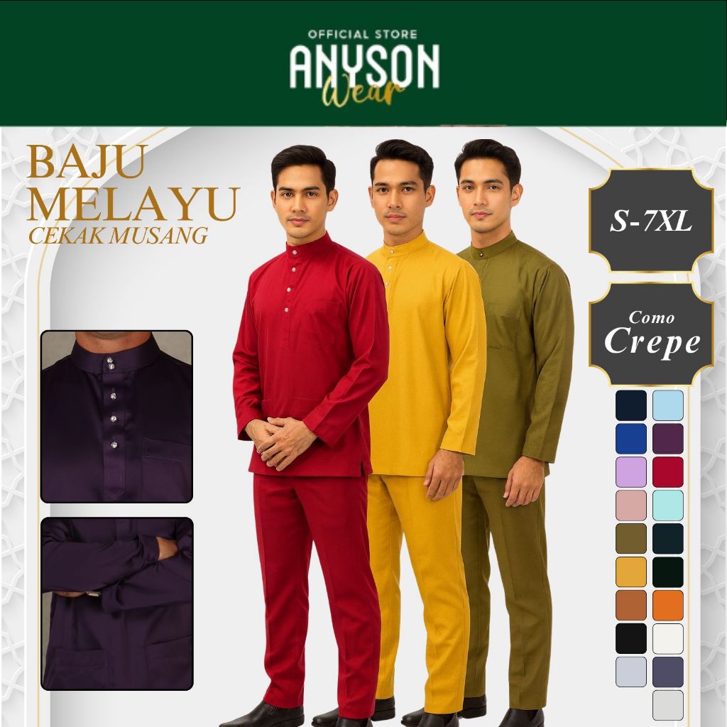 ANYSON Wear Baju Melayu Como Crepe Tailor Fit Plus Size S-7XL Lelaki ...