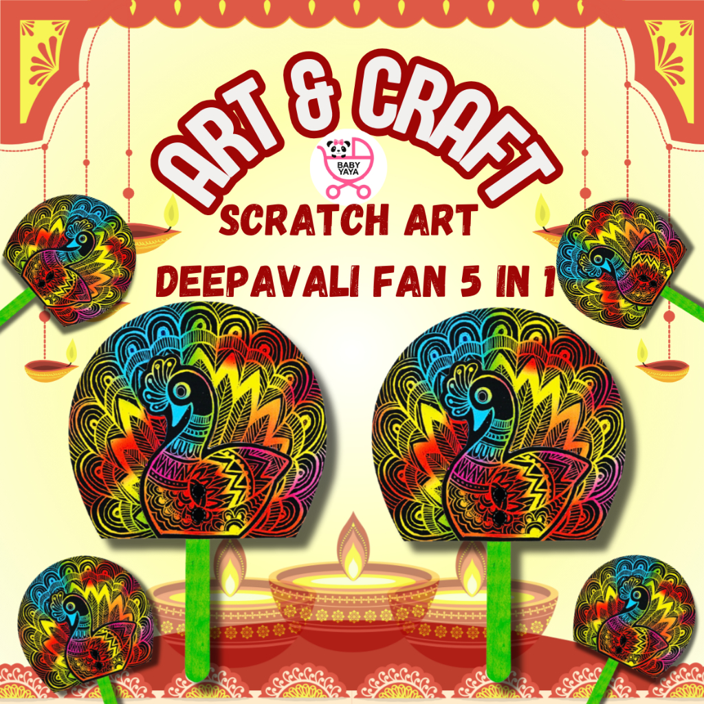 【𝐁𝐀𝐁𝐘𝐘𝐀𝐘𝐀】Scratch Art Peacock Hand Fan Kit 5 in 1– Deepavali Kids DIY ...