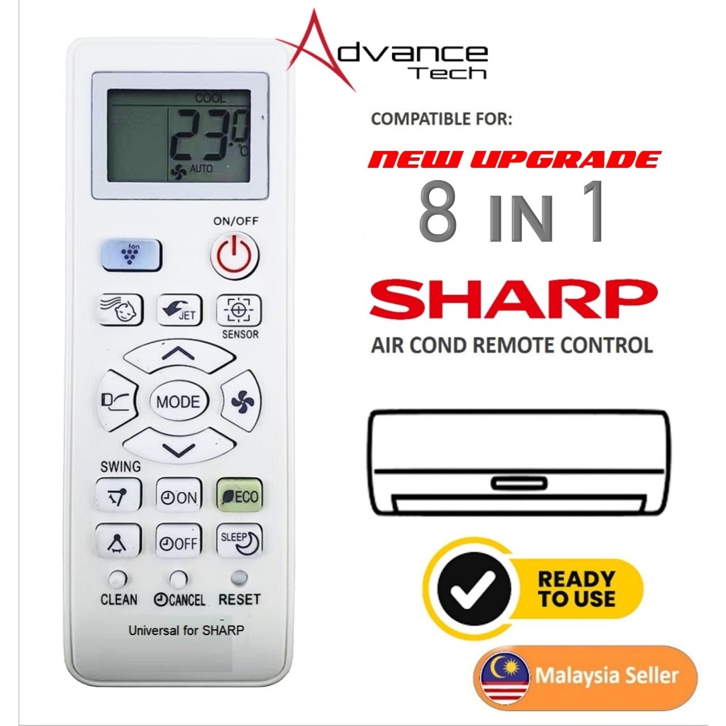 Sharp 8 IN 1 Universal Replacement Air Conditioner Remote Control For ...