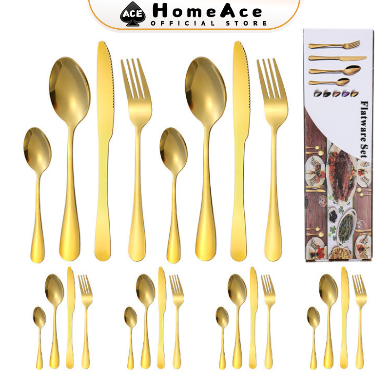 HomeAce 24pcs Cutlery Set with Box Silver Gold Stainless Steel Fork ...