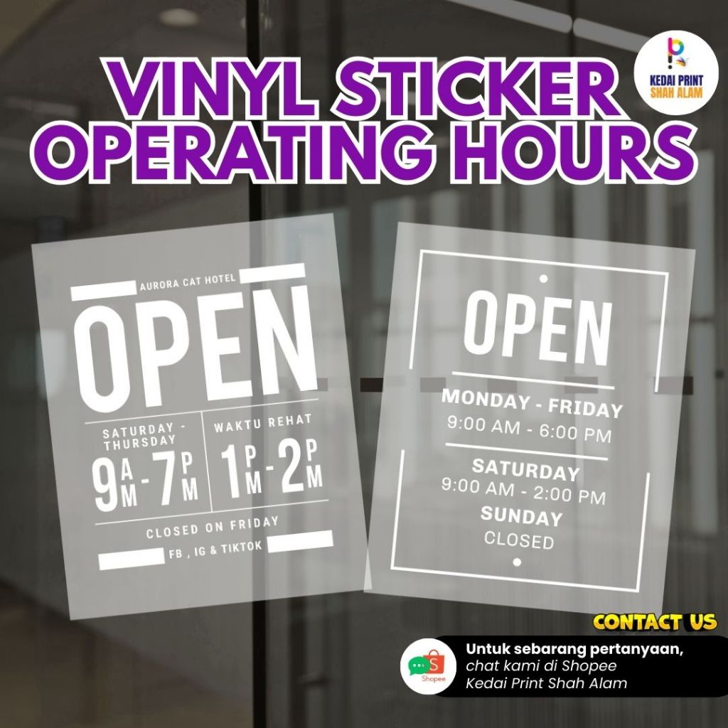 Sticker Pintu Vinyl Waktu Operasi Business Operating Hour Glass Door ...