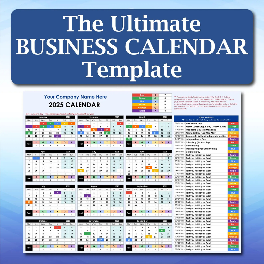 Any Year Excel Business Calendar Template Dynamic Excel Color Coded ...
