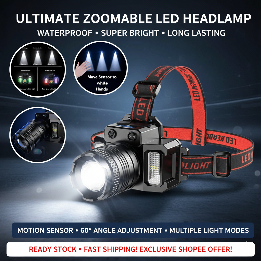 Zoomable LED Headlamp Usb Rechargeable Headlight Motion Sensor ...