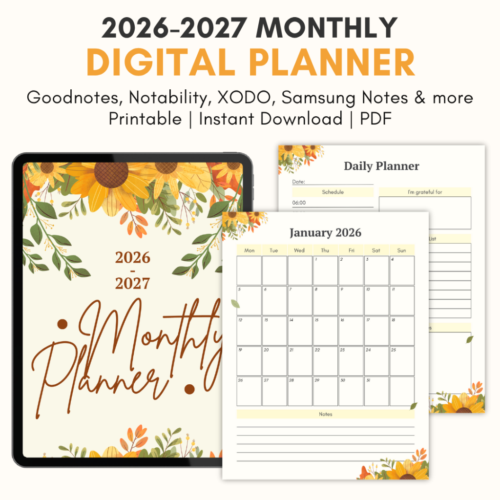 [DIGITAL DOWNLOAD] 2026-2027 Monthly Digital Planner | Sunflower ...