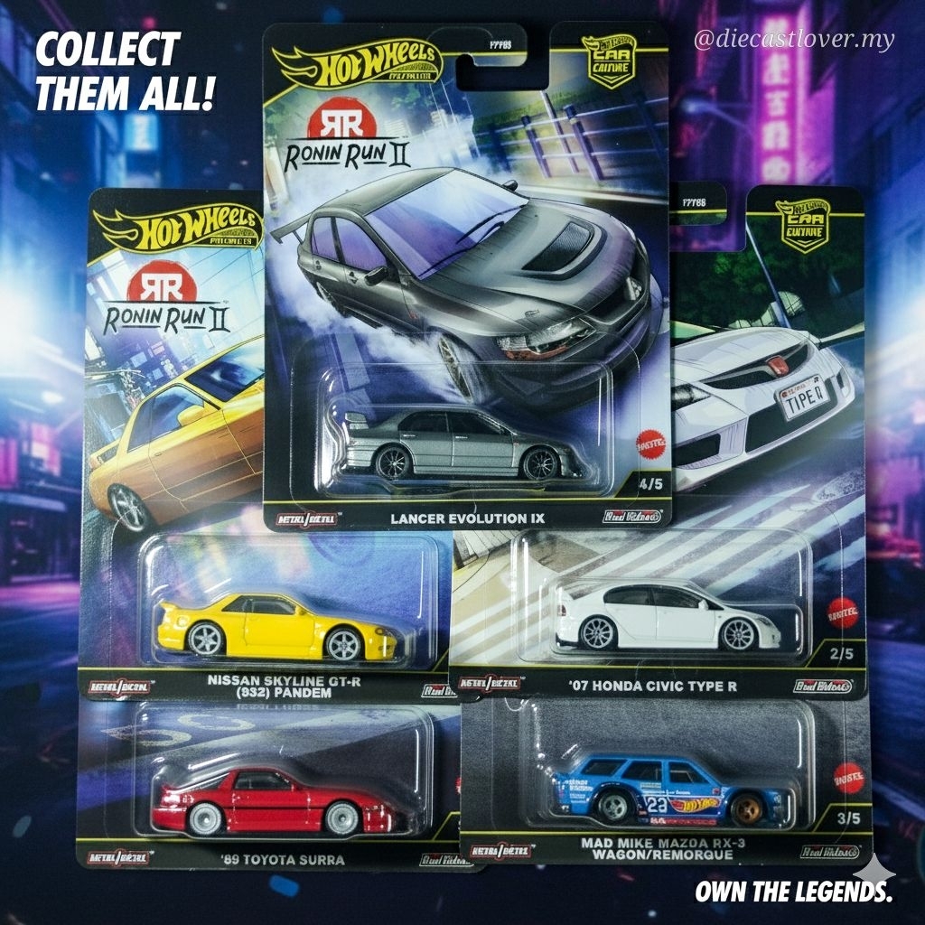 Hot Wheels Premium Ronin Run 2. Civic/ Supra/ Lancer/ Mazda Rx3/ Nissan ...