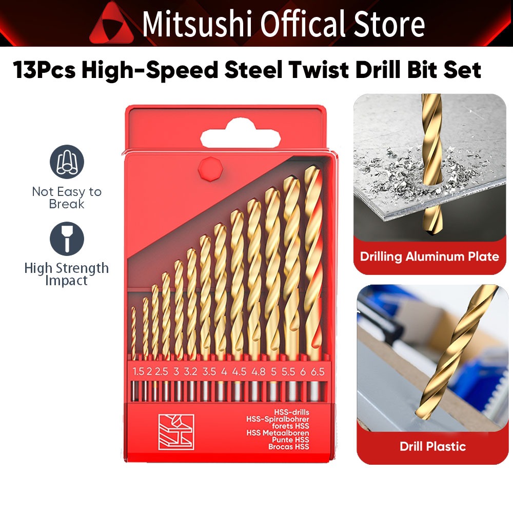 Mitsushi 13Pcs High-Speed Steel Twist Drill Bit Set penebuk lubang kayu ...