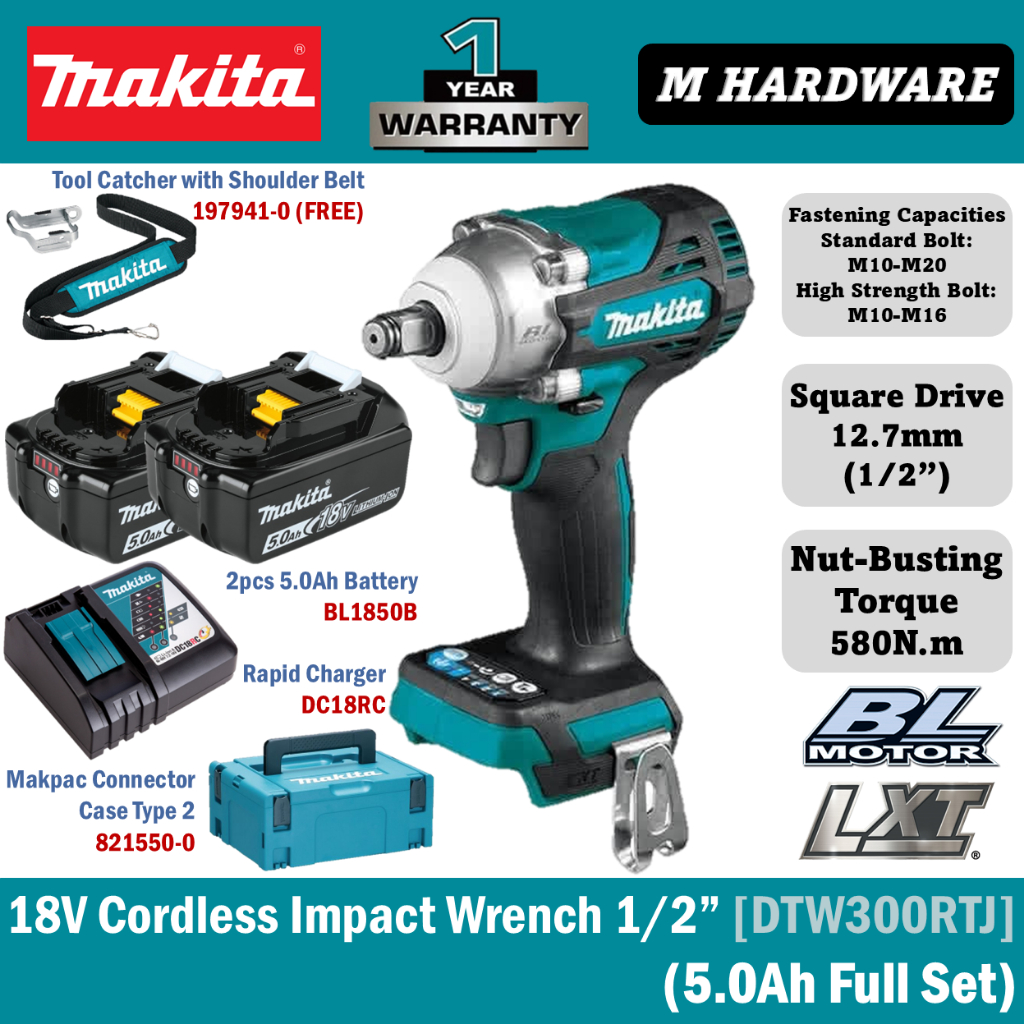 MAKITA 18V Cordless Impact Wrench 12.7 mm (1/2") DTW300RTJ / DTW300Z ...