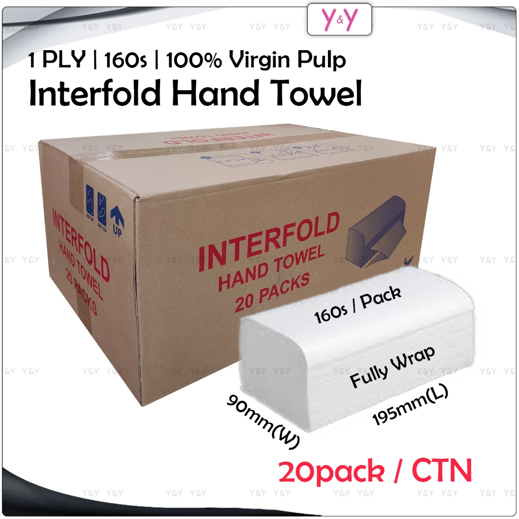 [1CTN x 20Pack x 160pcs] 1 PLY Virgin Pulp Interfold Hand Towel Tissue Full Wrap / Tisu Tangan ...