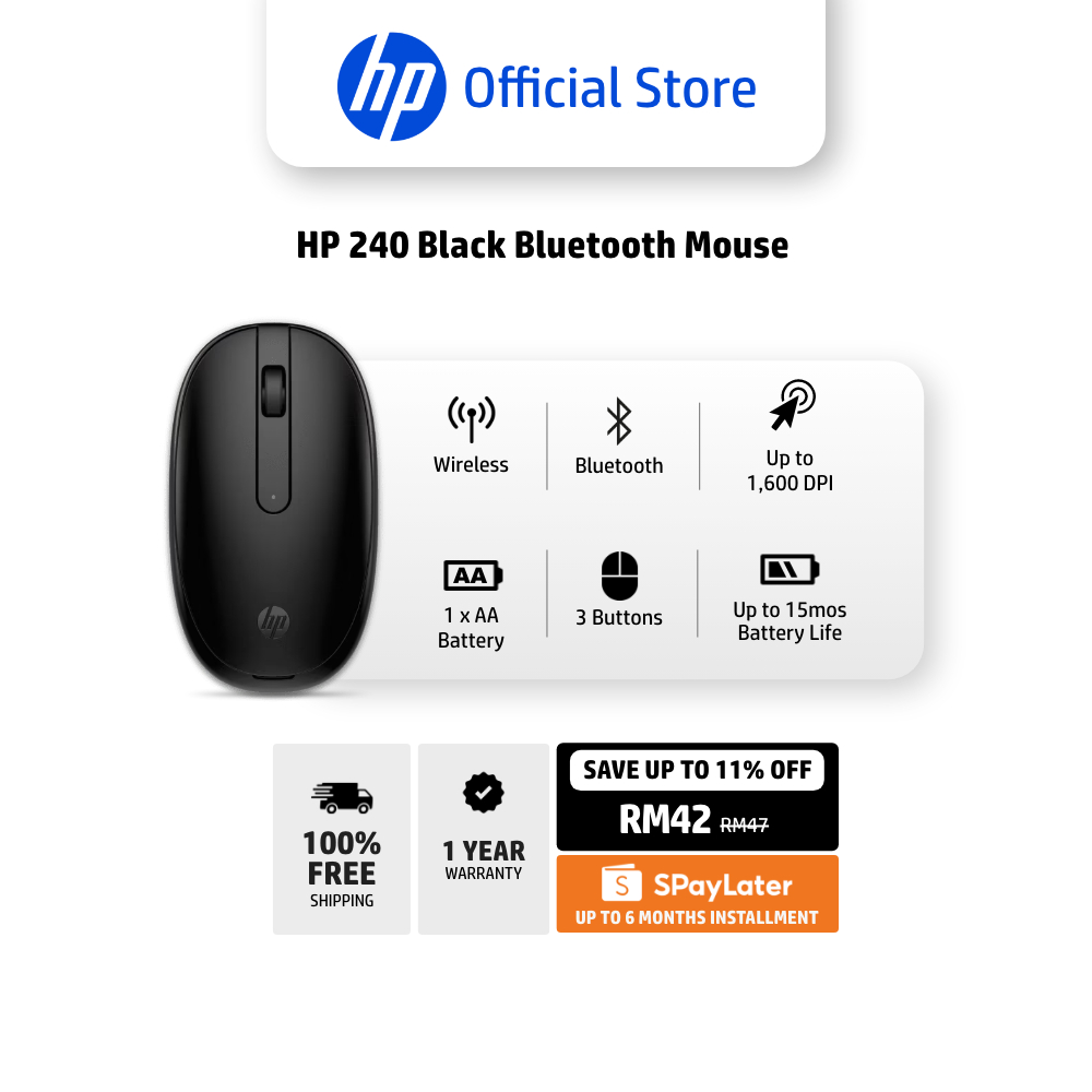 HP 240 Black Bluetooth Mouse / Bluetooth 5.1 wireless / Up to 15 months ...