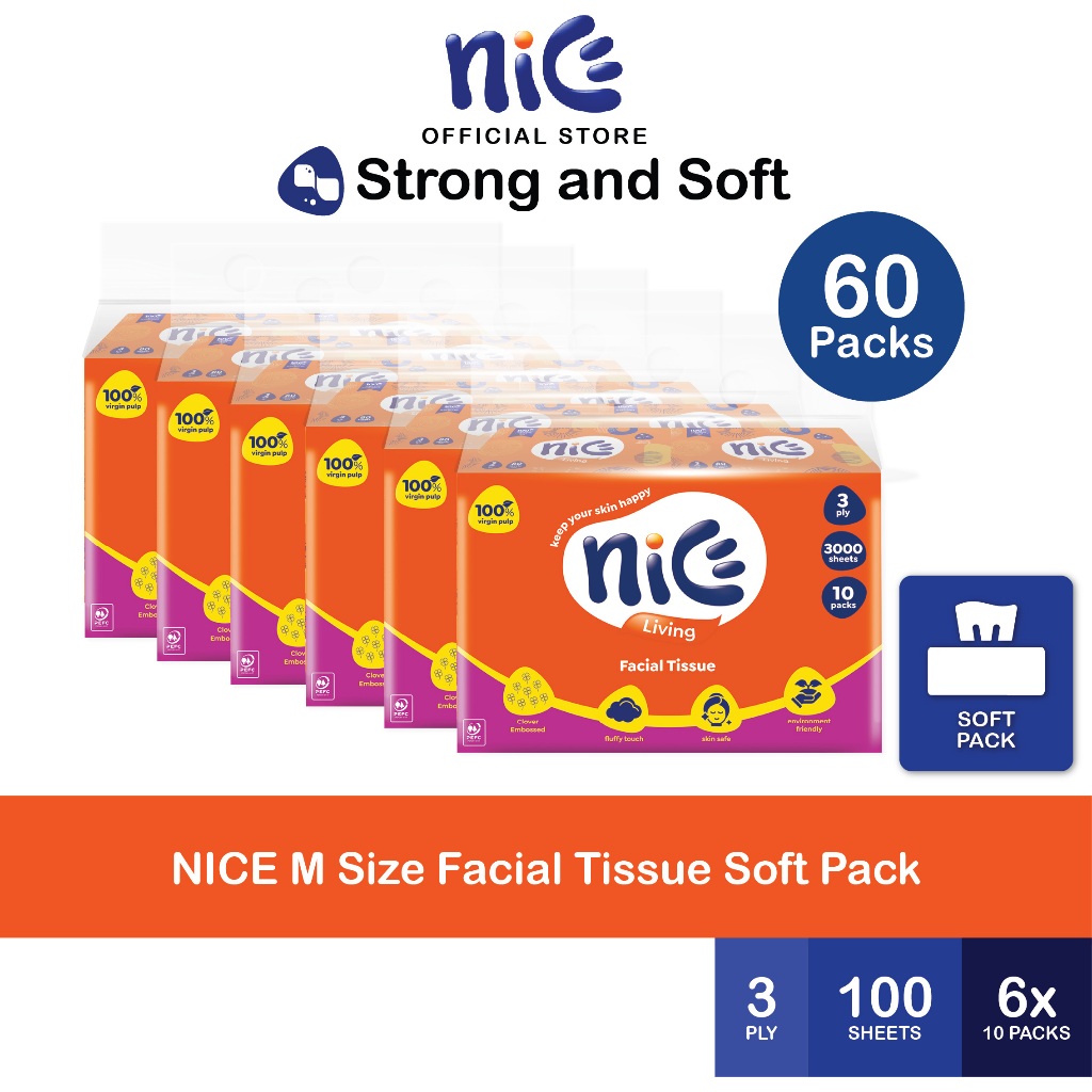 [Bundle of 6] Nice M Size Facial Tissue Soft Pack (100 Sheets x 10 ...