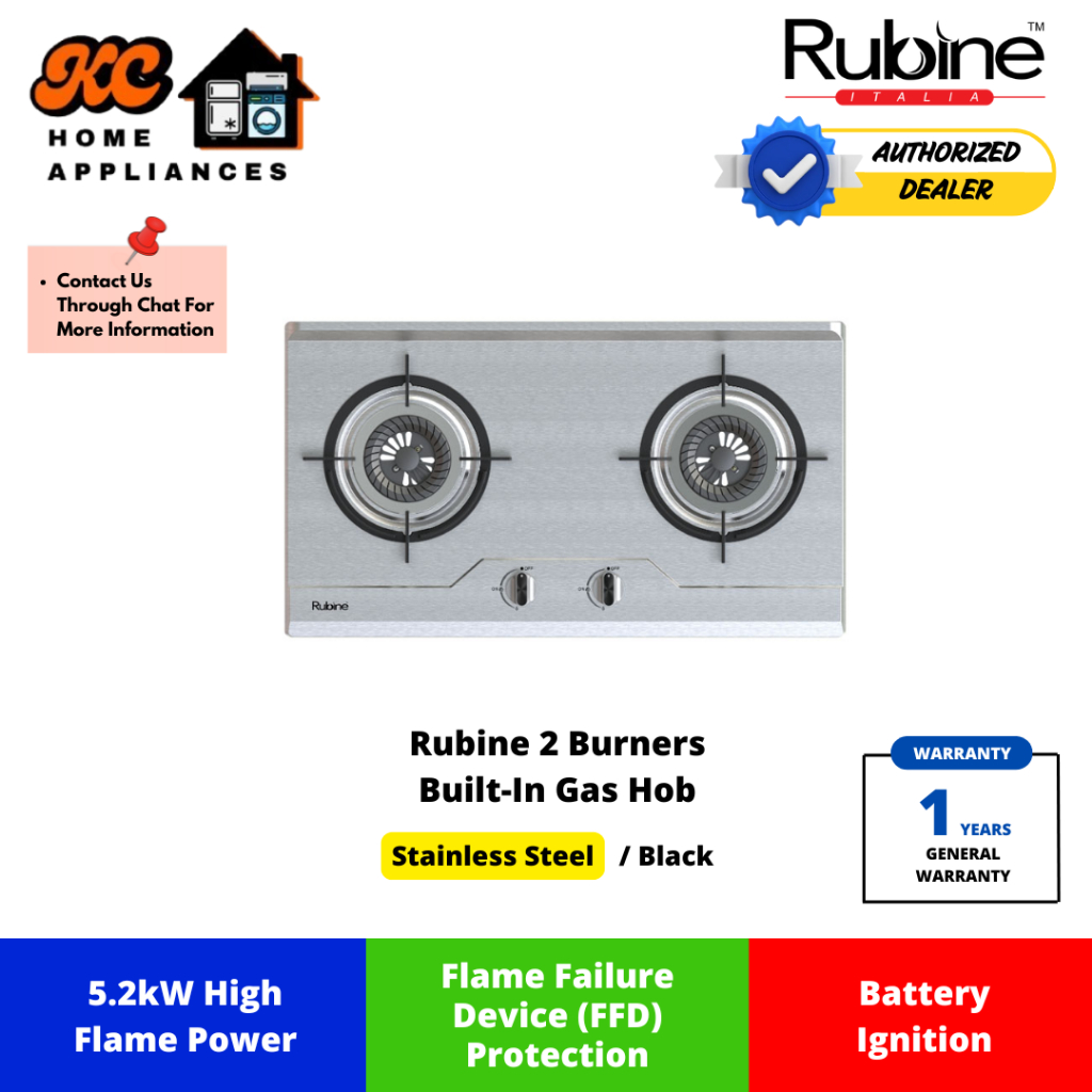 Rubine 2 Burners Built-In Gas Hob | 5.2kW | Battery Ignition | RGH ...