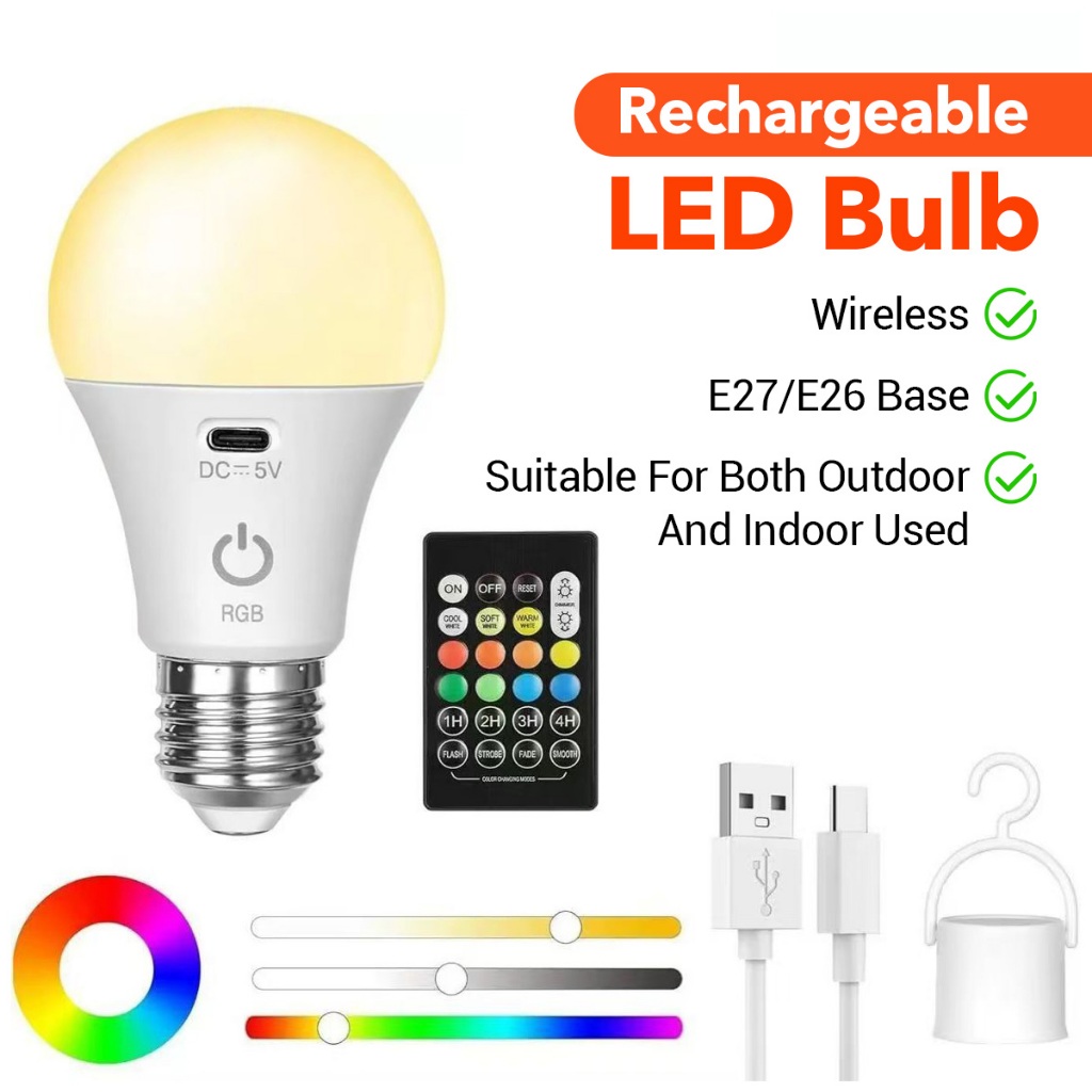 E27 Rechargeable LED Light Bulb With Remote Control RGB Touch Control ...