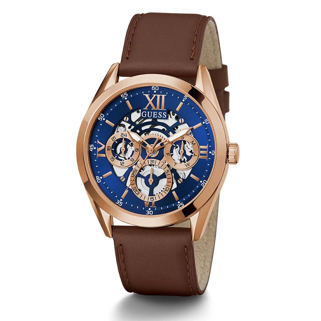 Original Guess Men Tailor Analog Blue Dial Brown Leather Strap Watch ...