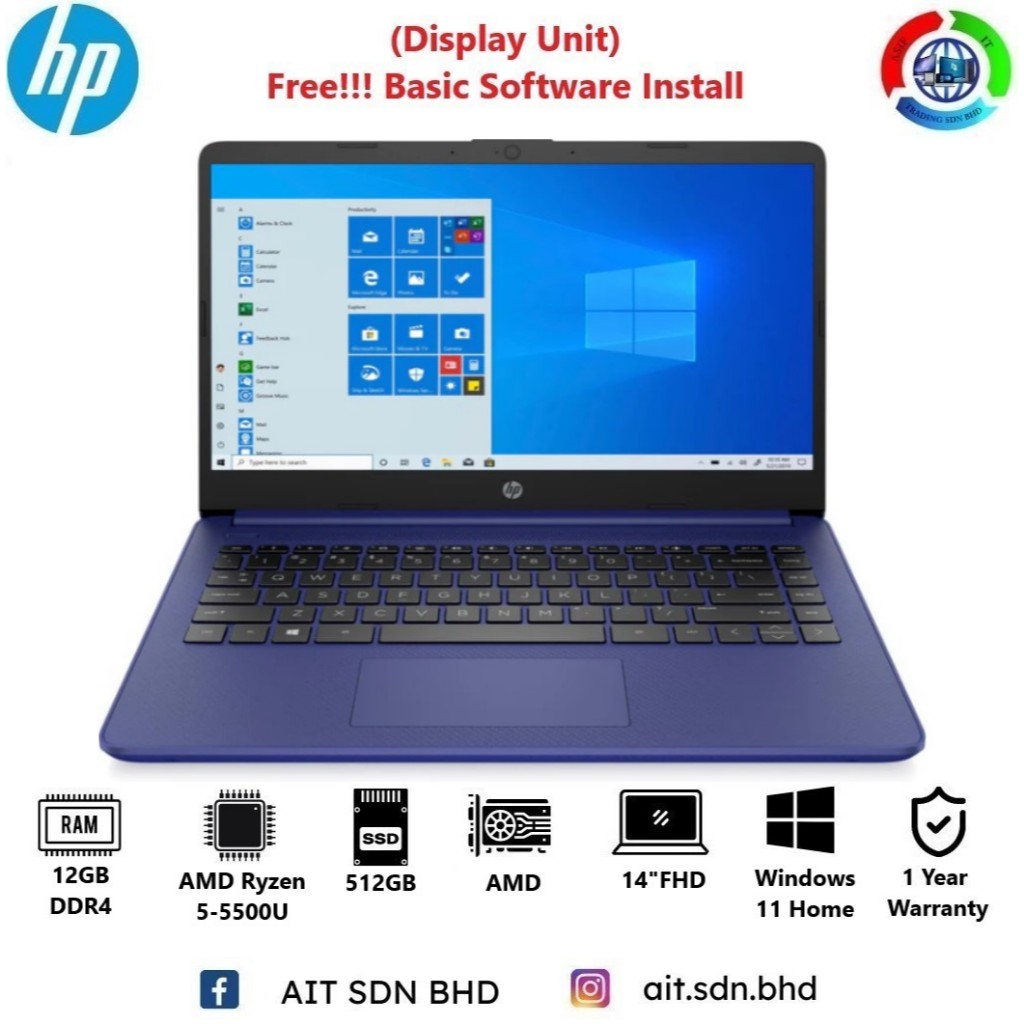 HP 14-f1000 14"FHD Laptop Blue AMD Ryzen 5-5500U 12GB 512GB SSD AMD W11 ...