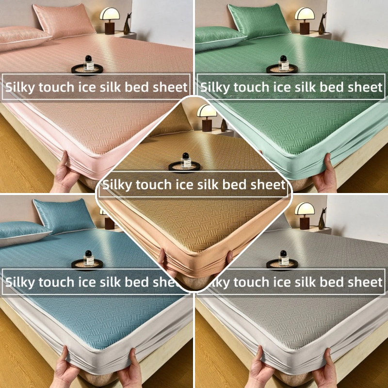Ice Touch Satin Silk Bed Sheet Soft Silk Solid Fitted Sheet Ice Cool ...
