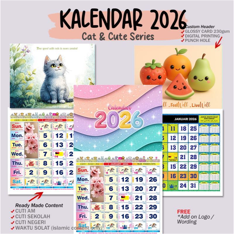 KALENDAR KUDA 2026 WALL CALENDAR CAT KUCING CUTE KAWAII PASTEL ANIME ...