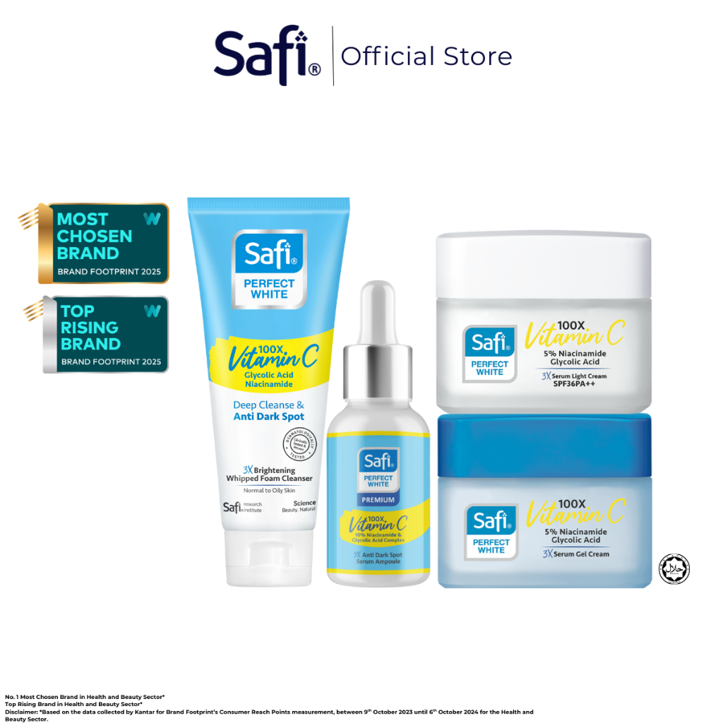 Safi Perfect White Cleanser (95g) + Dark Spot Serum (30ml) + Light ...