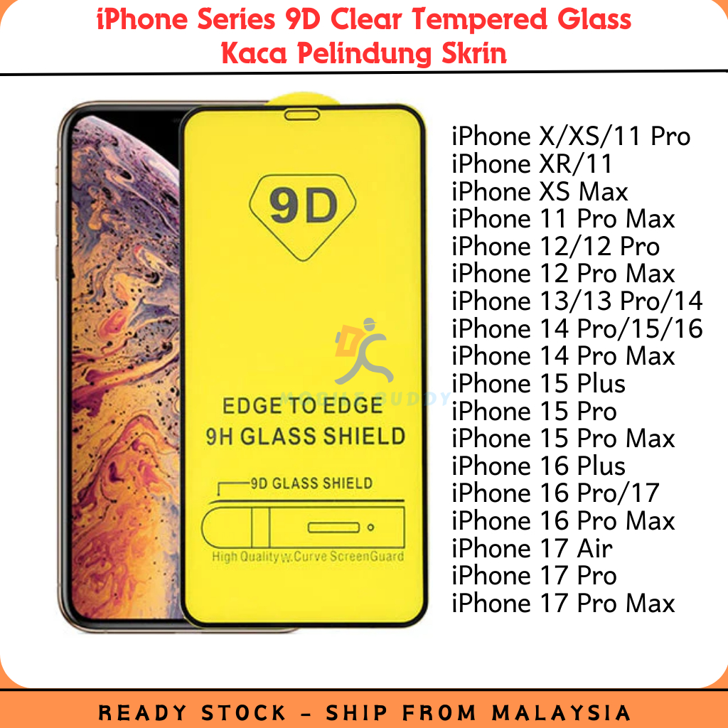 Tempered Glass iPhone X/XS/XR/11/12/13/14/15/16/17/Pro/Max/Plus/Air 9D ...