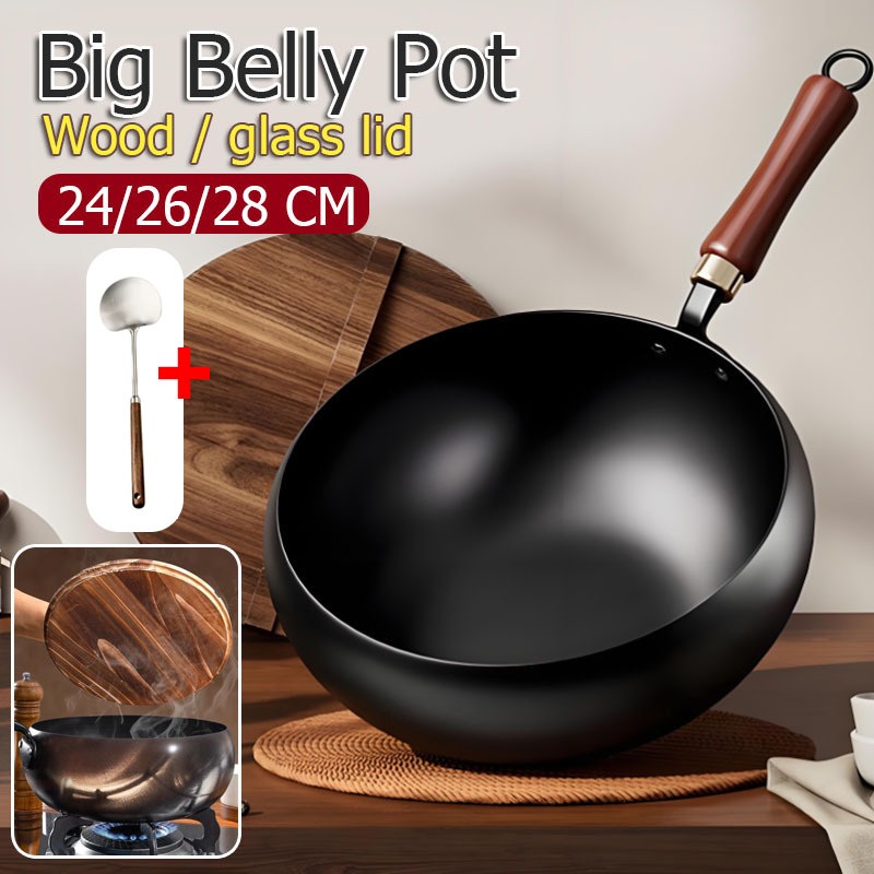 24/26/28cm Cast Iron Wok Pan Uncoated Flat Bottom Non-stick Frying Pan ...