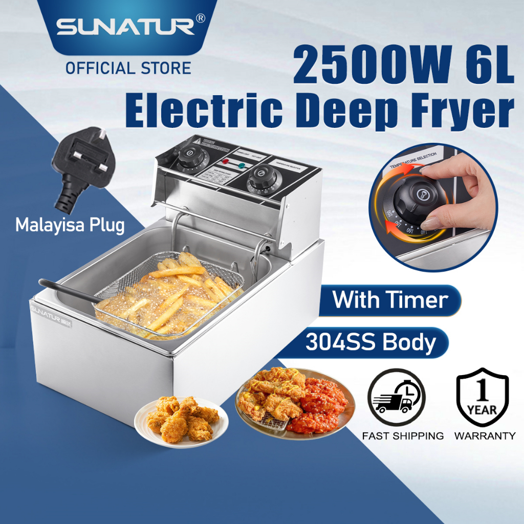 SUNATUR Electric Deep Fryer 6L/2.5KW Commercial Portable Single Tank ...