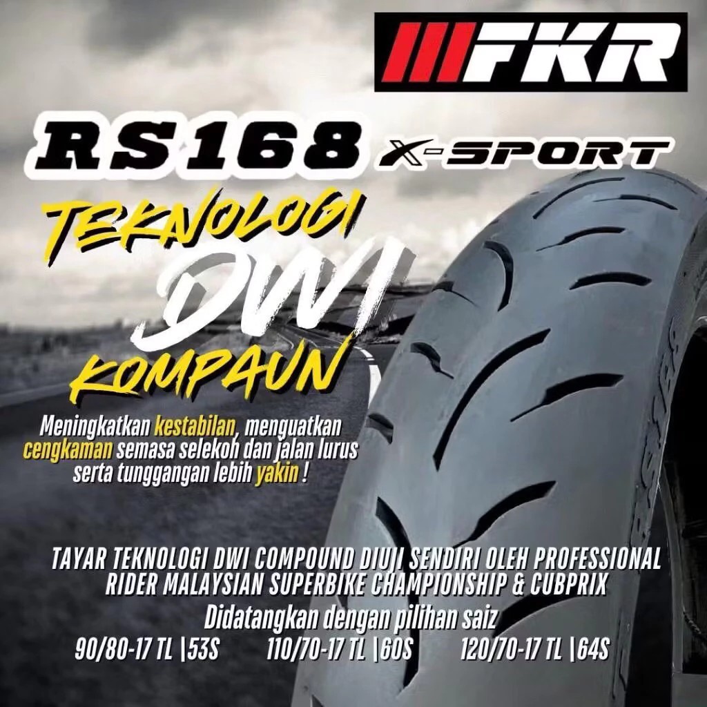 TAYAR MOTORSIKAL FKR RS168 DWI COMPOUND TUBELESS TYRE 90/80-17 | 110/70-17 | 120/70-17 (PATTERN ...