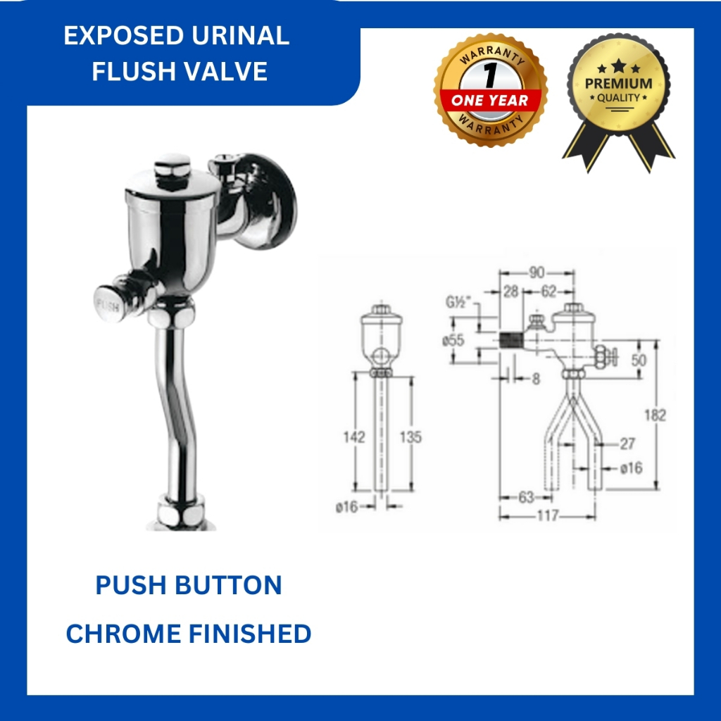 EXPOSED URINAL FLUSH VALVE PUSH BUTTON WITH CURVE PIPE CHROME FINISHED ...