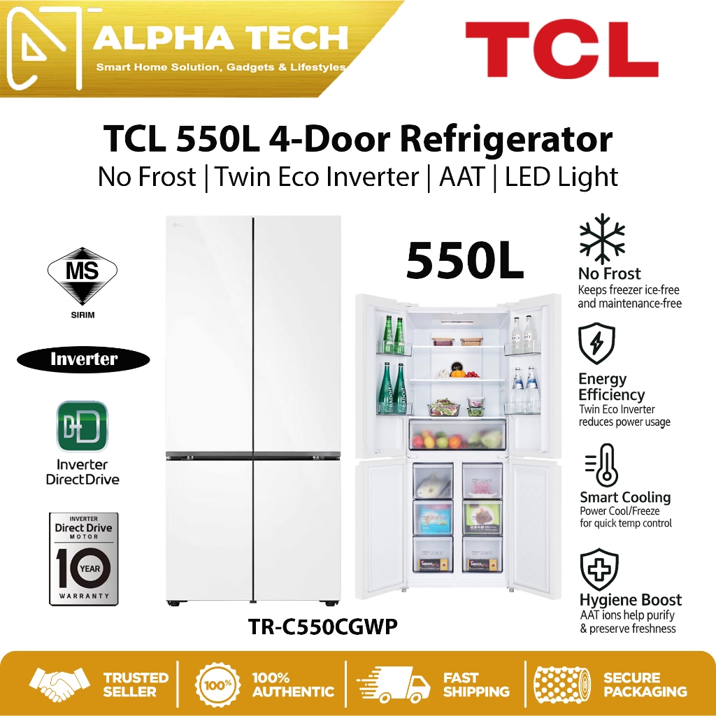 TCL 550L 4 Door Refrigerator Glass White TR-C550CGWP - No Frost | Twin ...