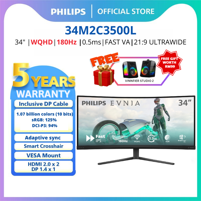 Philips 34" 34M2C3500L WQHD 180hz FAST VA 0.5ms ultrawide curved gaming ...