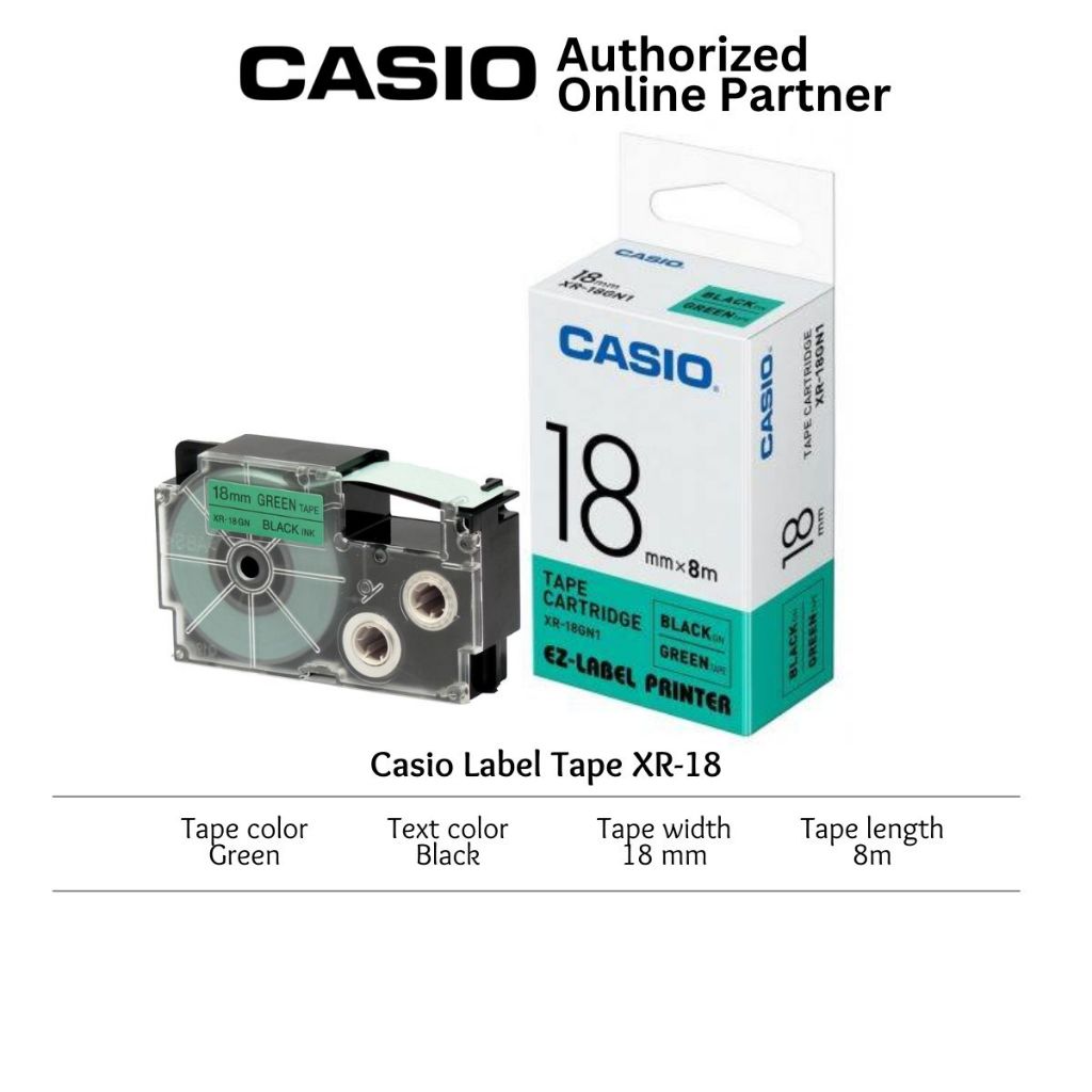 [ORIGINAL] Casio Label Tape 18mm XR-18GN1 (8 Meter) Black text on green ...