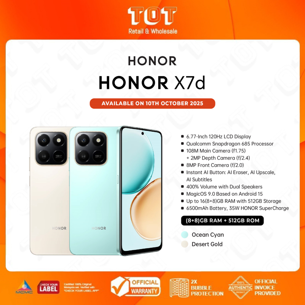 HONOR X7D 4G 16(8+8)GB+512GB) 6.77" 120Hz LCD Display l Qualcomm Snapdragon 685 l 108MP Dual ...