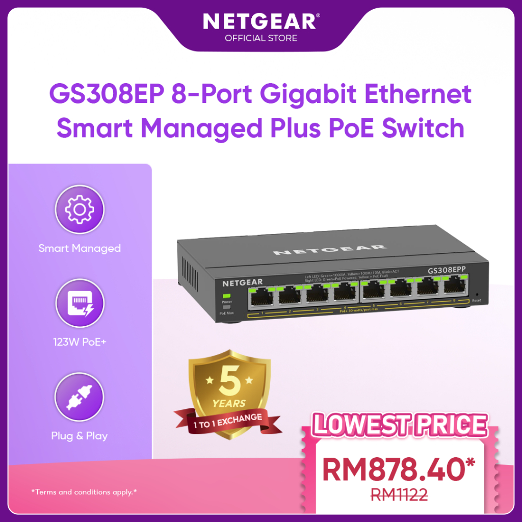 NETGEAR GS308EPP 8-Port PoE+ Gigabit Managed Desktop Switch (123W ...