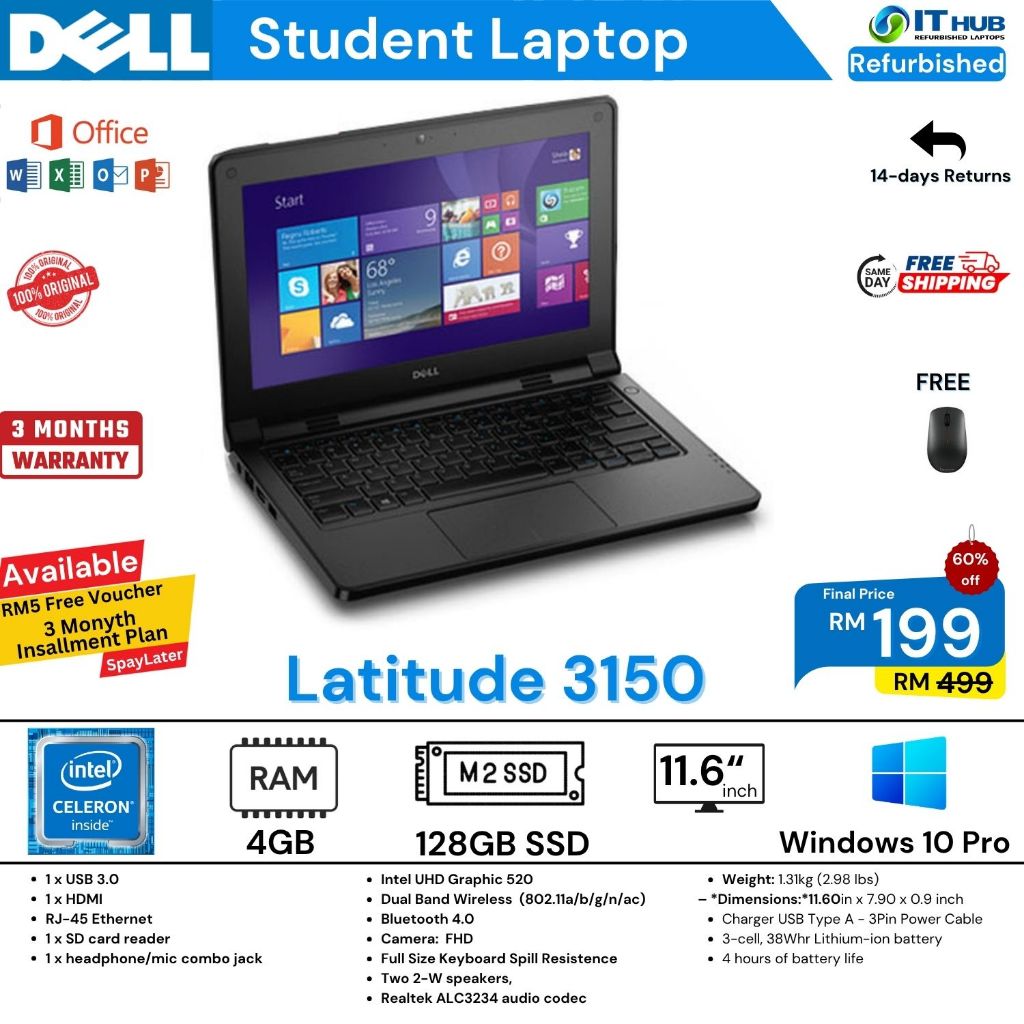Dell Latitude 3150 Intel Celeron, Quad core, 11.6"inch HD, Windows ...
