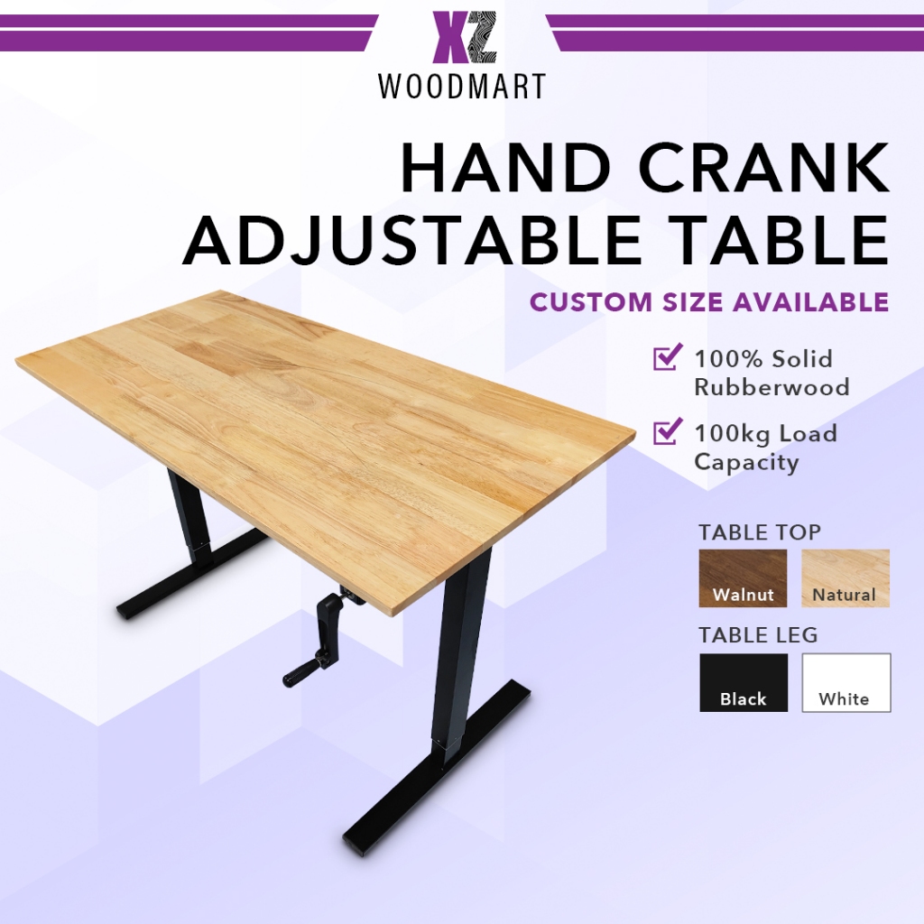 XZ Hand Crank Standing Desk / Solid Rubberwood Height Adjustable Table ...
