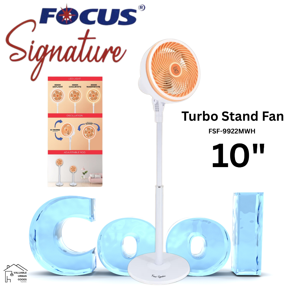 Focus Signature Turbo Stand Fan 10” FSF-9922MWH Adjustable Height 3 ...