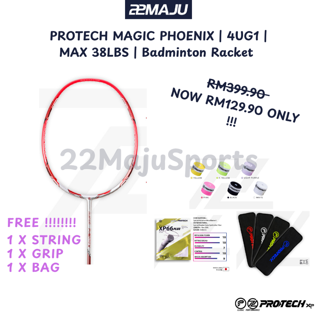 PROTECH Magic Phoenix - 4UG1 - MAX 38 LBS - Badminton Racket - 100% ...