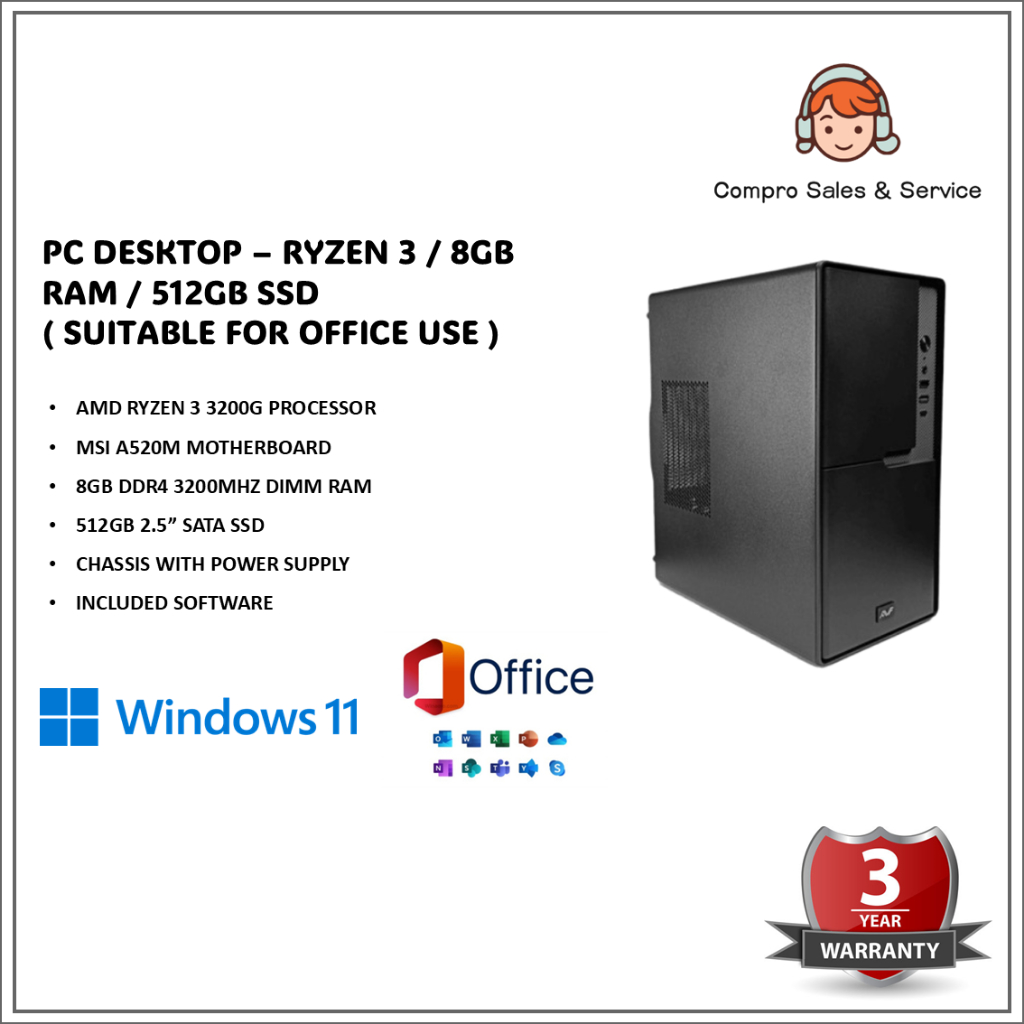 PC DESKTOP AMD RYZEN 3 / 8GB RAM / 512GB SSD ( FOR OFFICE & HOME USE ...
