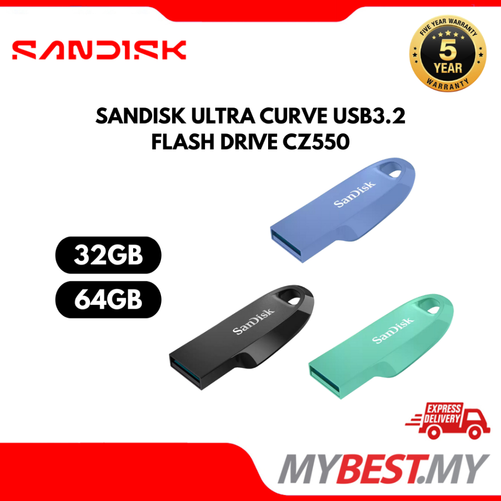 SanDisk Ultra Curve USB 3.2 CZ550 Flash Drive SDCZ550 (32GB/64GB/Max R ...