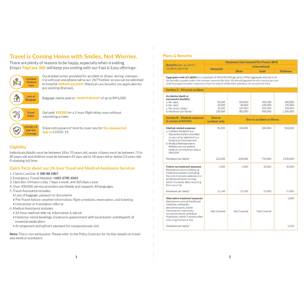 Etiqa Takaful Tripcare 360 Travel Individual Gold Plan - Adult (18-70 ...