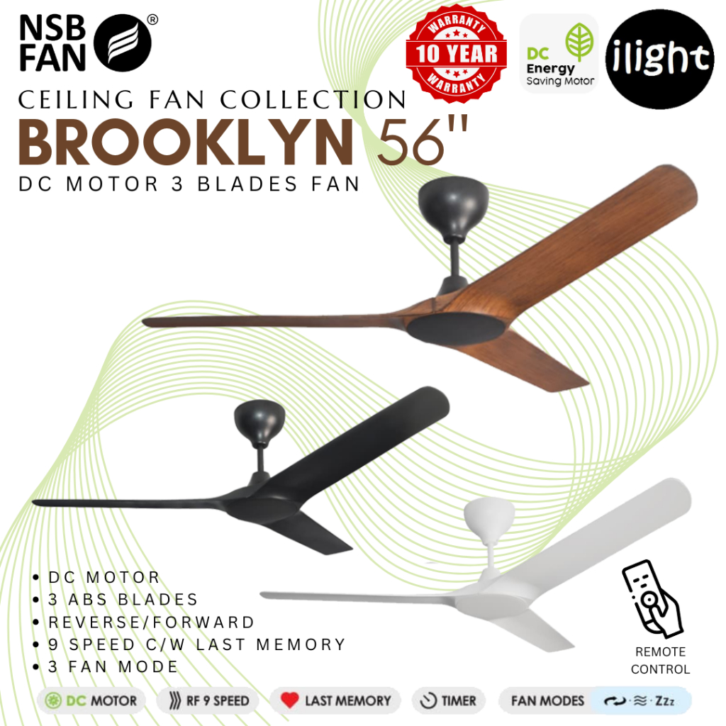 NSB FAN BROOKLYN 56 Inch DC Motor 3 ABS Blade Remote Control 9 Speed R ...