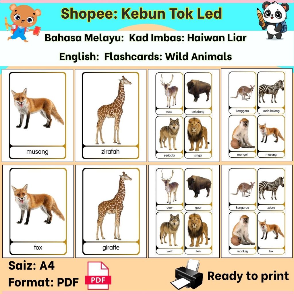 Kad Imbas Haiwan Liar (BM & English) | Flashcard Wild Animals | PDF ...