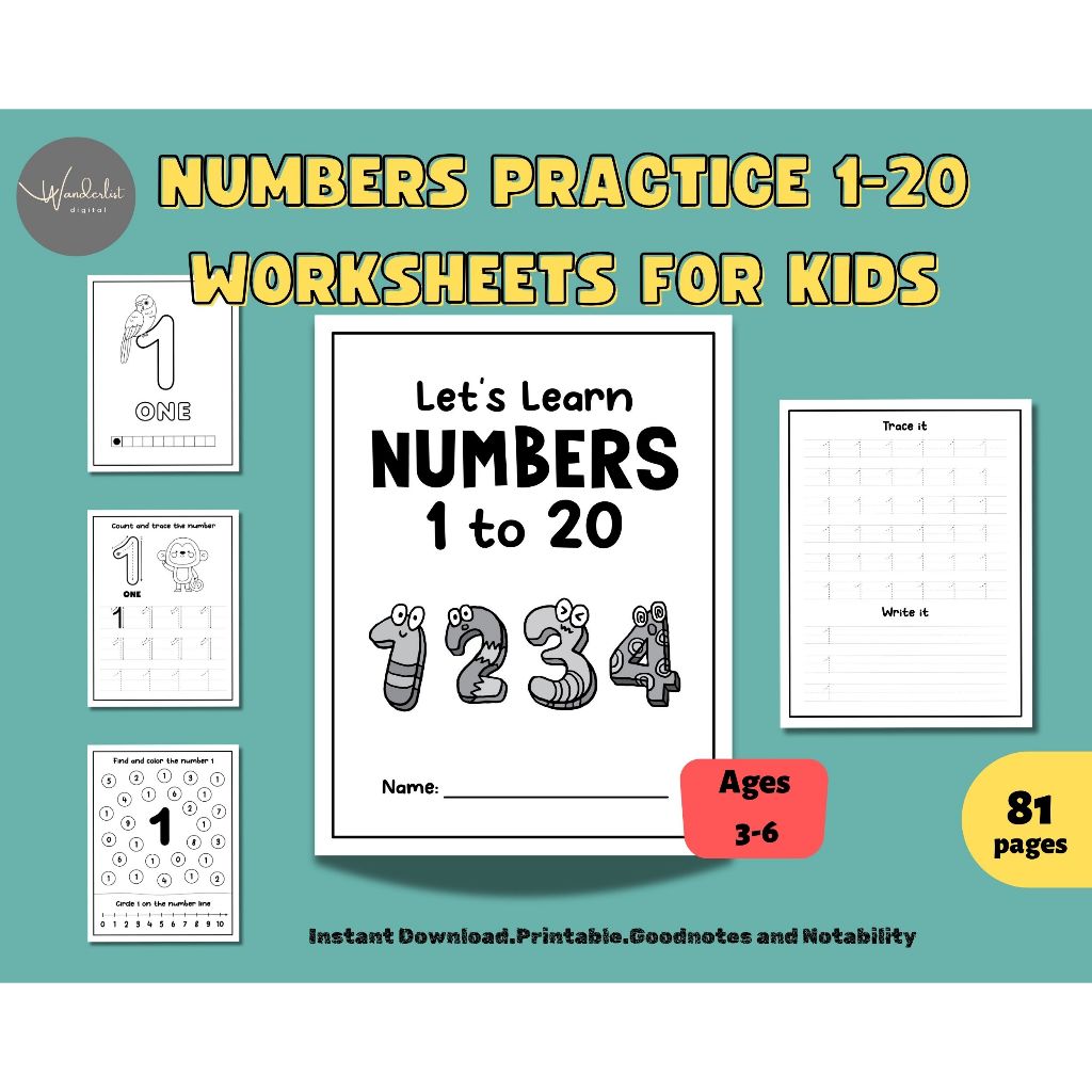 Number Practice 1–20 Worksheets for Kids l Ages 3-6 l Printable PDF ...