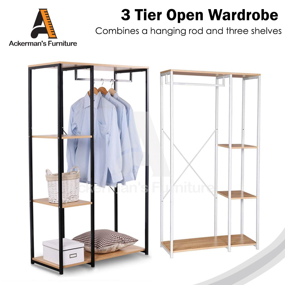 ACKERMAN Modern 3 Tier Open Wardrobe With Shelf Shelves Hanging Clothes ...