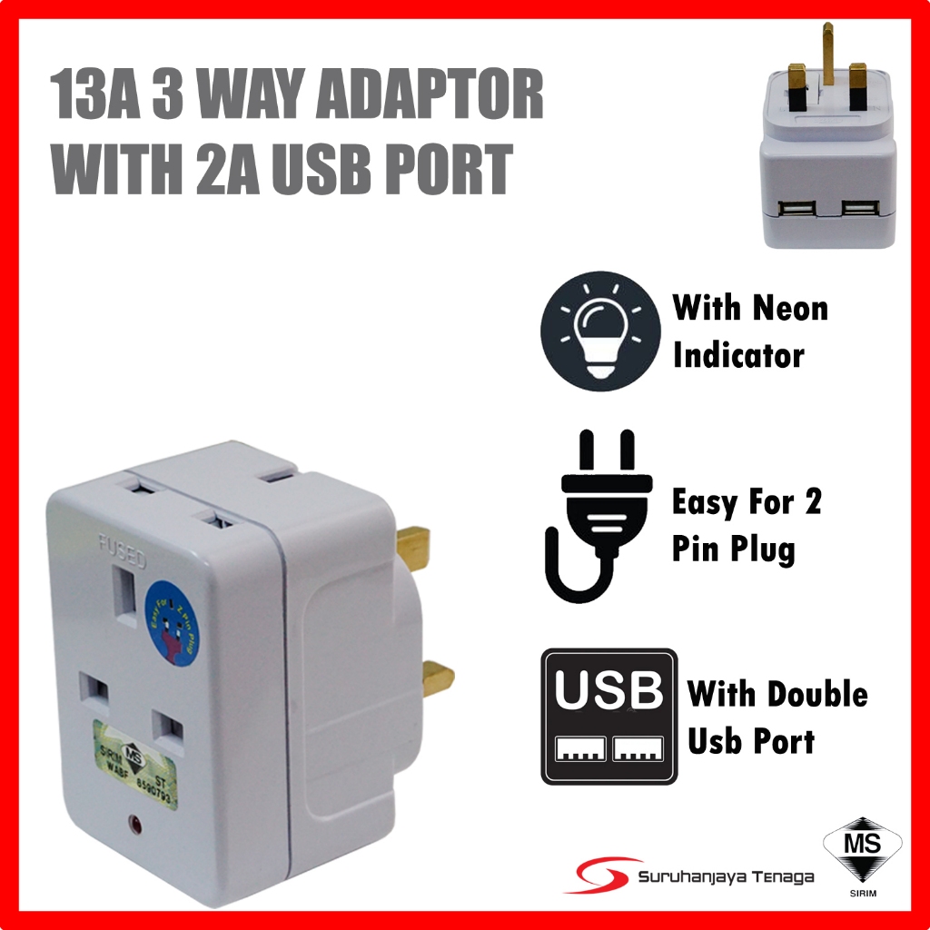 (7033USB) 'TRAC/EUROSAFE' 13A 3WAY ADAPTOR WITH 2A USB PORT | Shopee ...