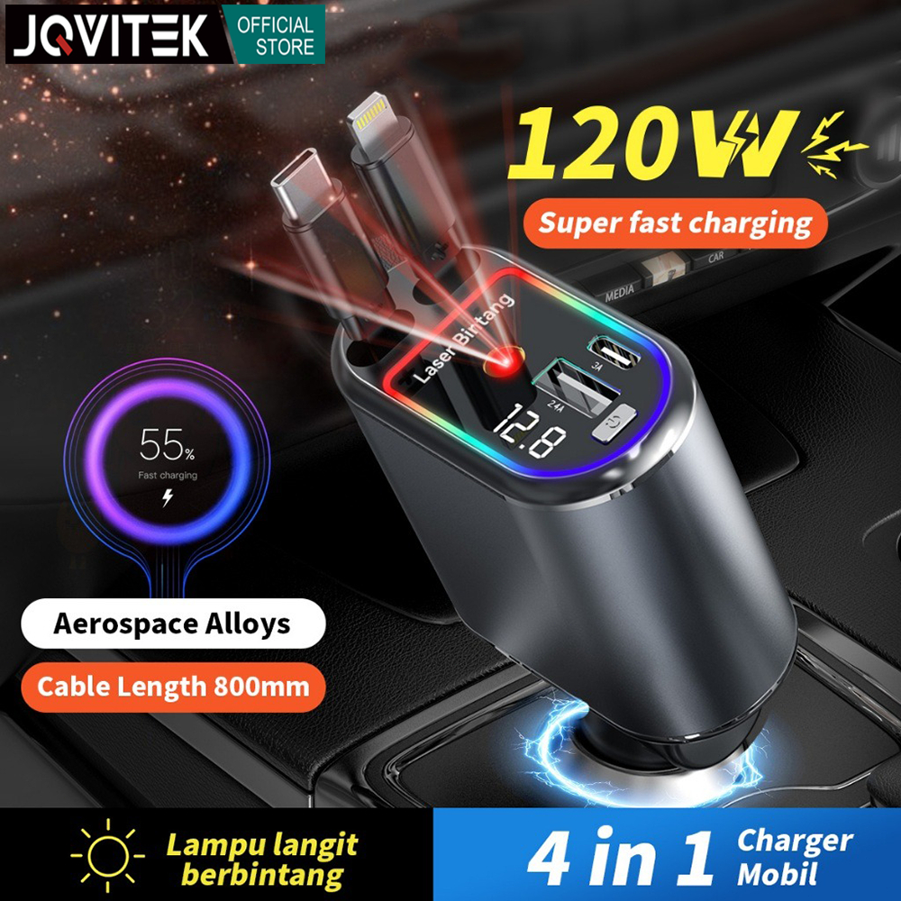 Retractable 120W 4-in-1 Car Charger with Type-C and iOS Support ...