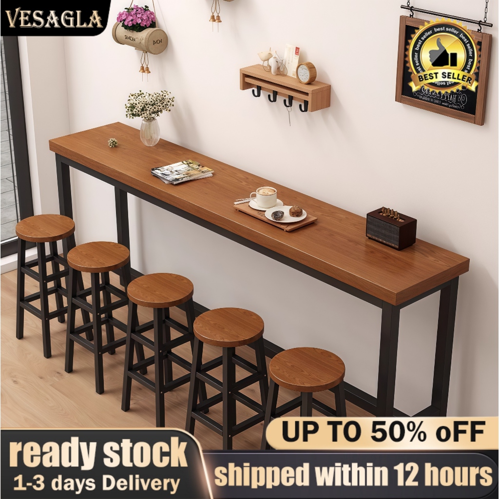 Long Bar Table 180/120CM With High Bar Stool Meja Belajar Narrow Table ...